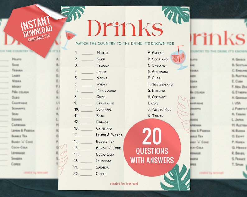Drinks Match up Trivia Game Printable Party Games Party Game - Etsy