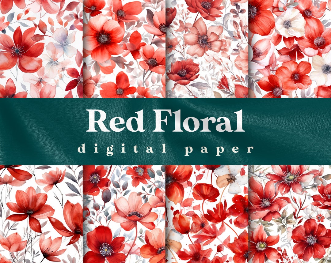 Red Floral Digital Paper Watercolor Flowers Backgrounds Commercial Use ...