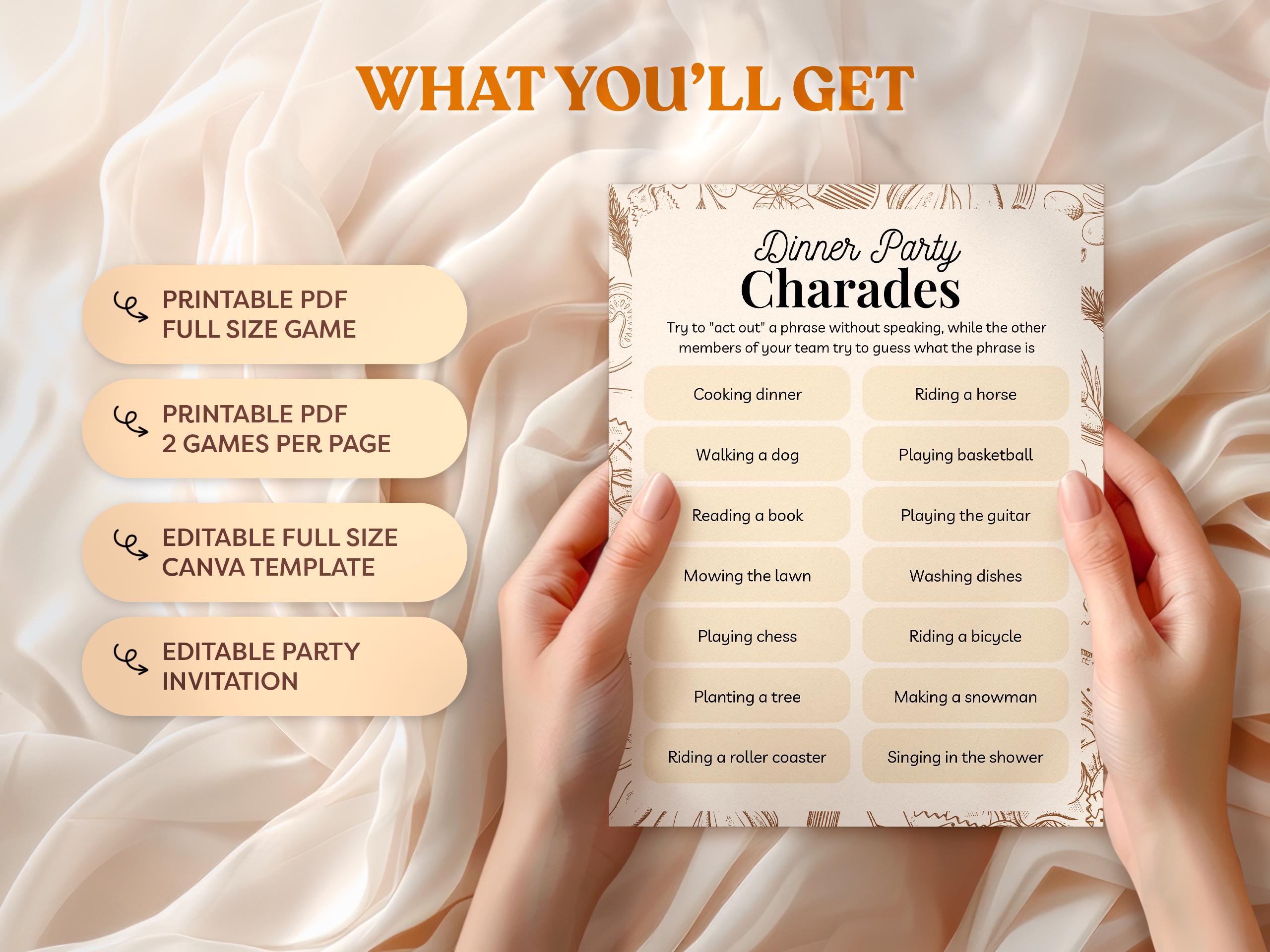 Charades Dinner Party Game, Printable & Editable Game, Icebreaker ...