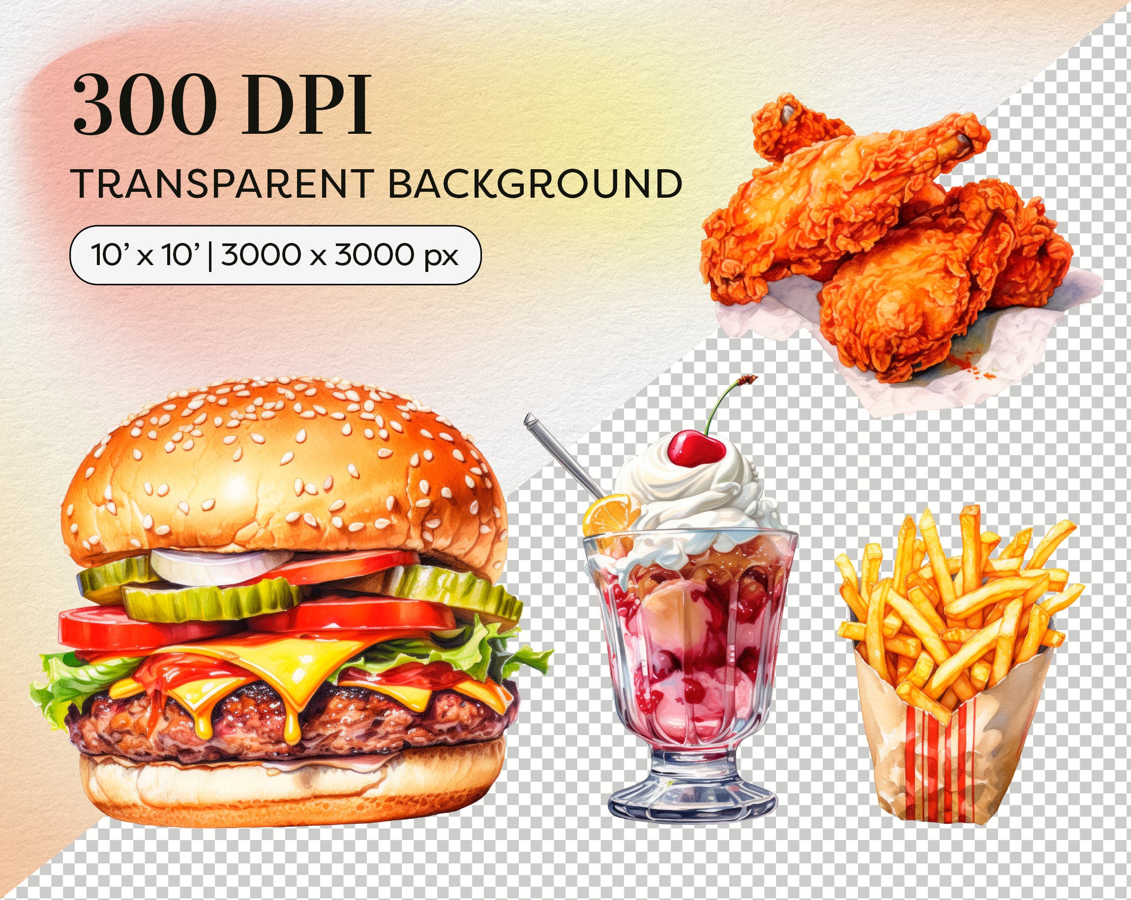 Watercolor Fast Food Clipart - Watercolor Food PNG - Commercial Use ...