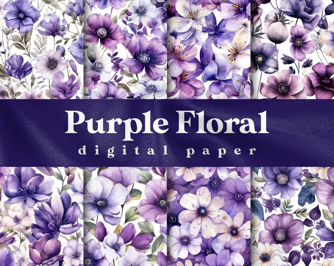 Purple Floral Digital Paper Watercolor Flowers Backgrounds Commercial ...