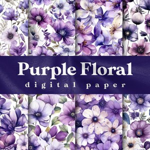 Purple Floral Digital Paper Watercolor Flowers Backgrounds Commercial ...