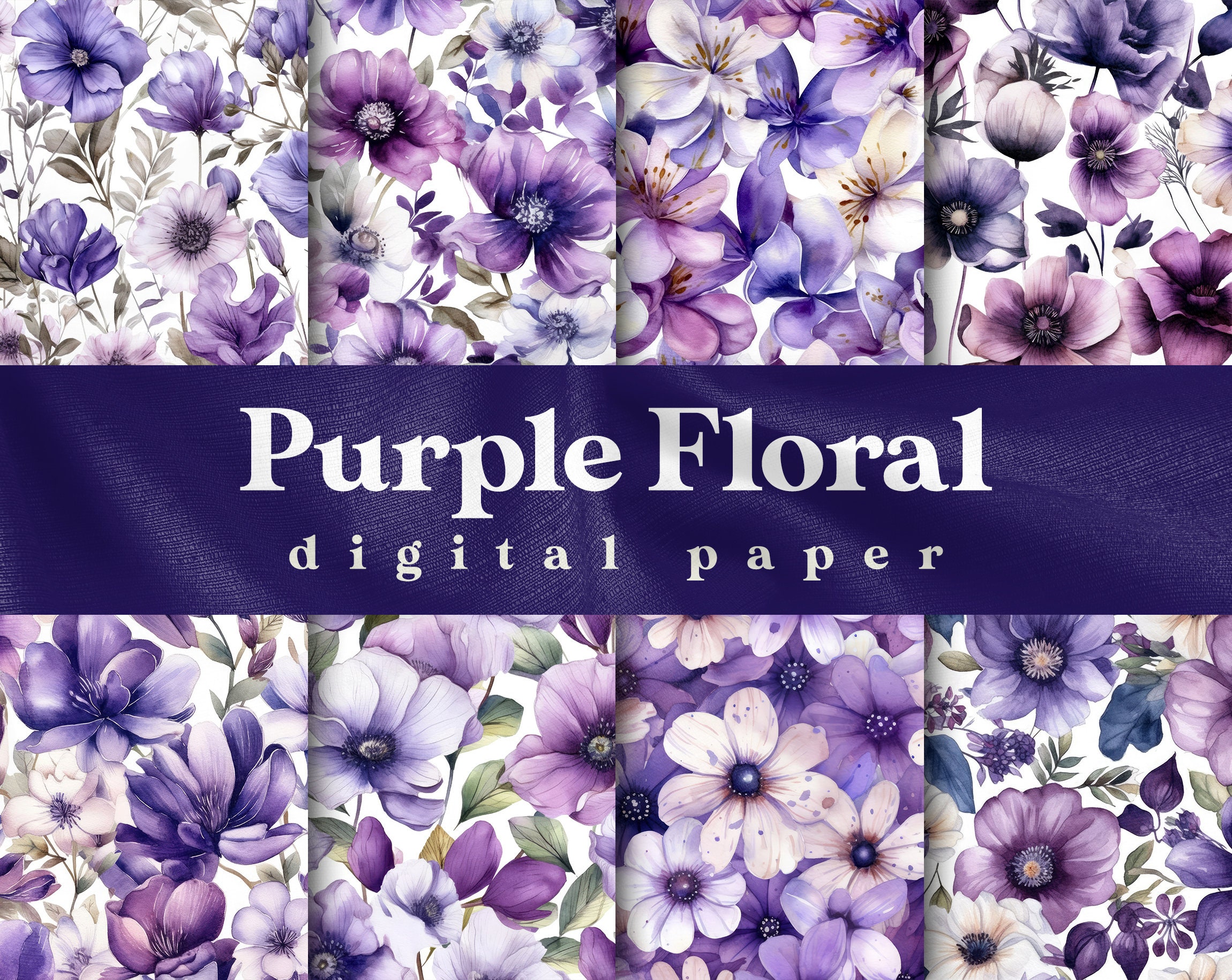 Purple Floral Digital Paper Watercolor Flowers Backgrounds Commercial ...