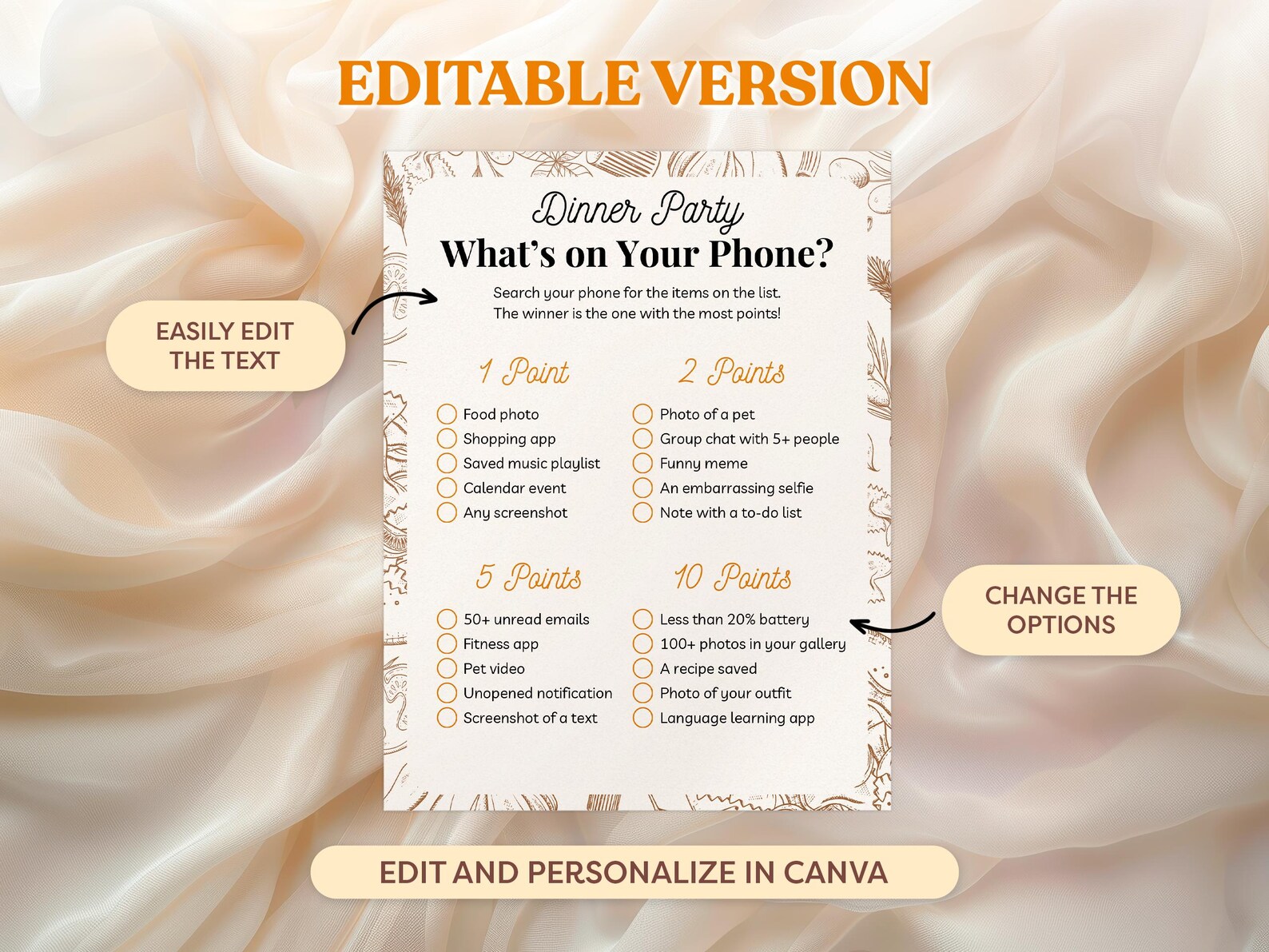 What's on Your Phone Dinner Party Game, Printable Editable Game ...