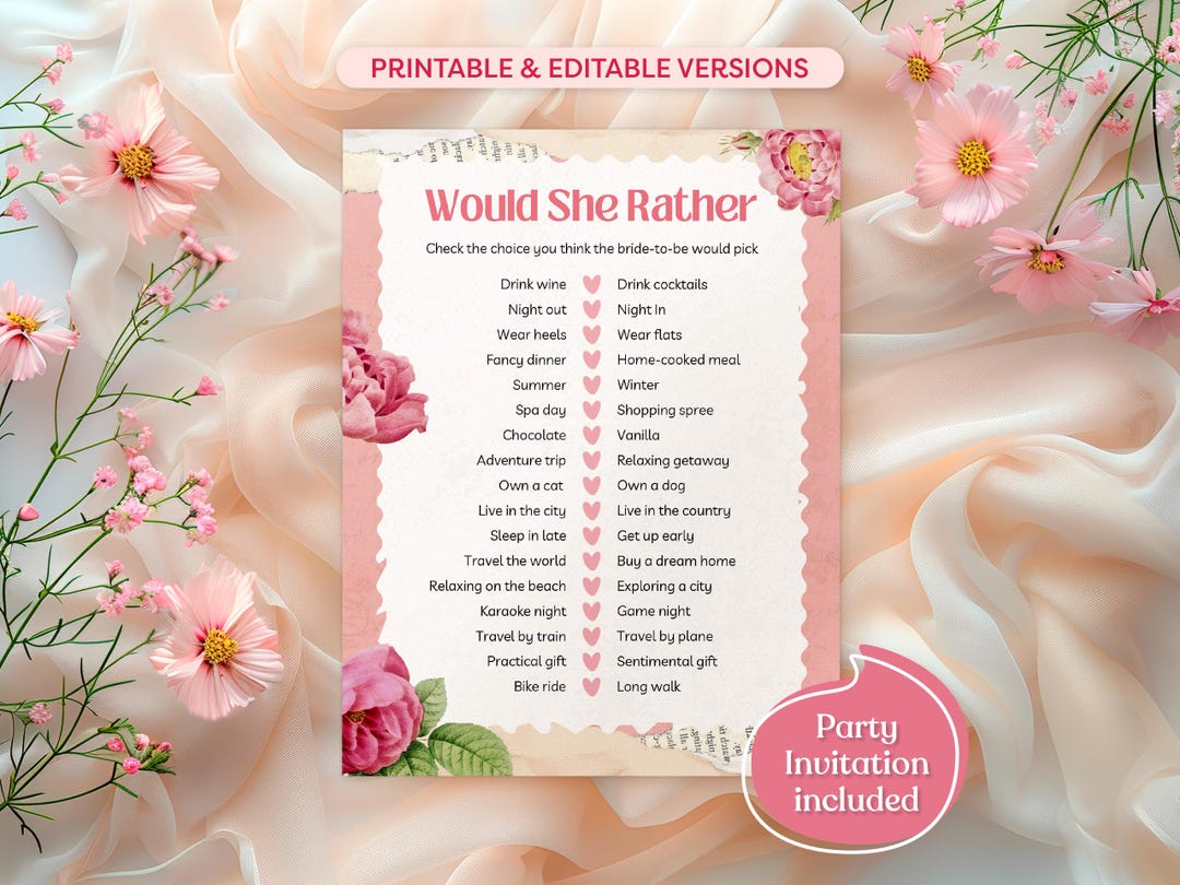 Would She Rather Bachelorette Game, Printable & Editable Party Game ...