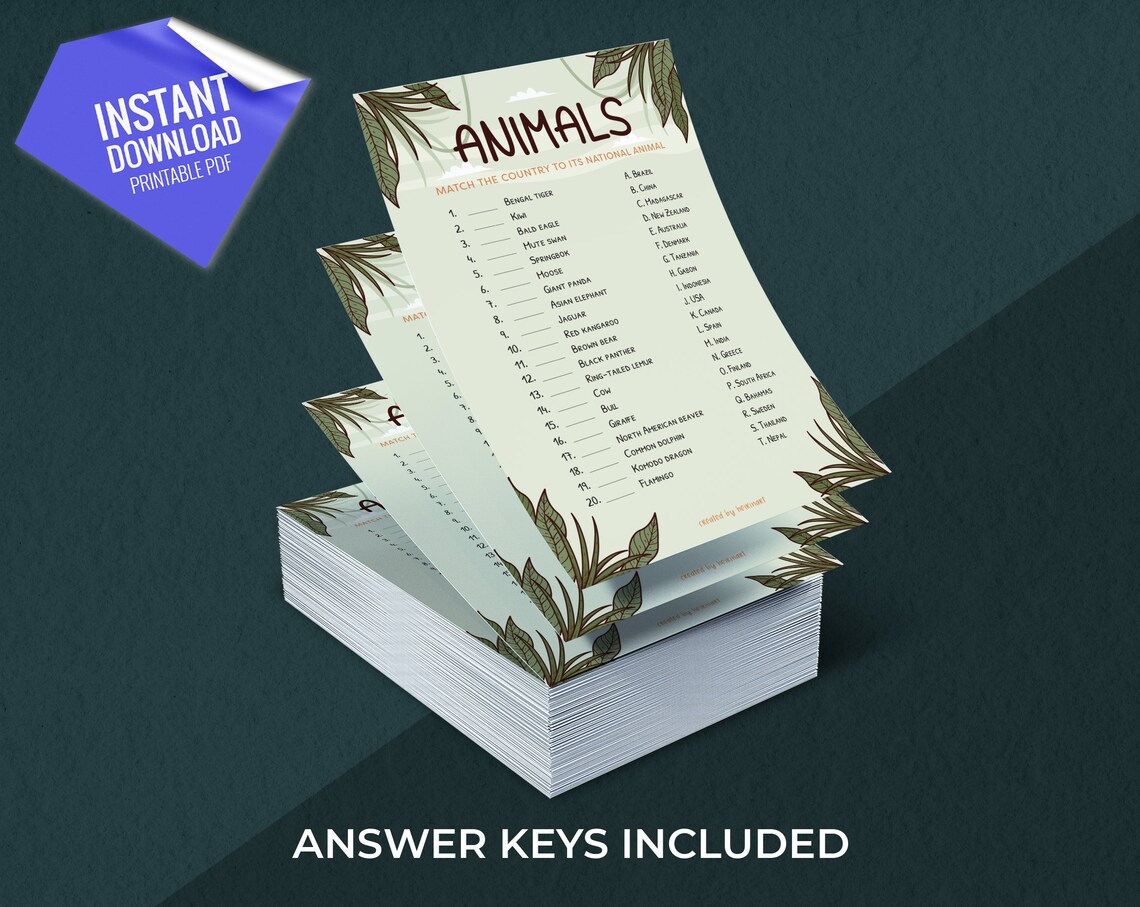 Animals Match up Trivia Game, Printable Party Games, Party Game for ...