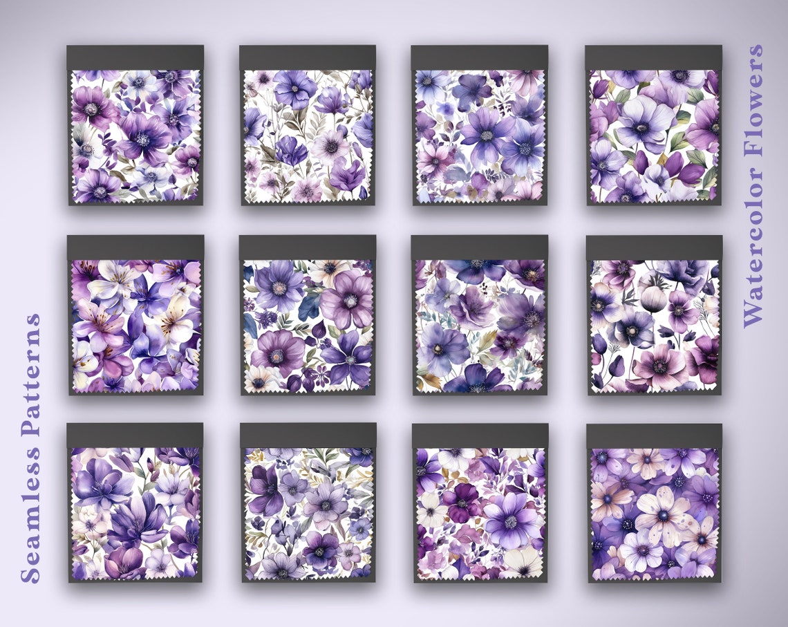 Purple Floral Digital Paper Watercolor Flowers Backgrounds Commercial ...