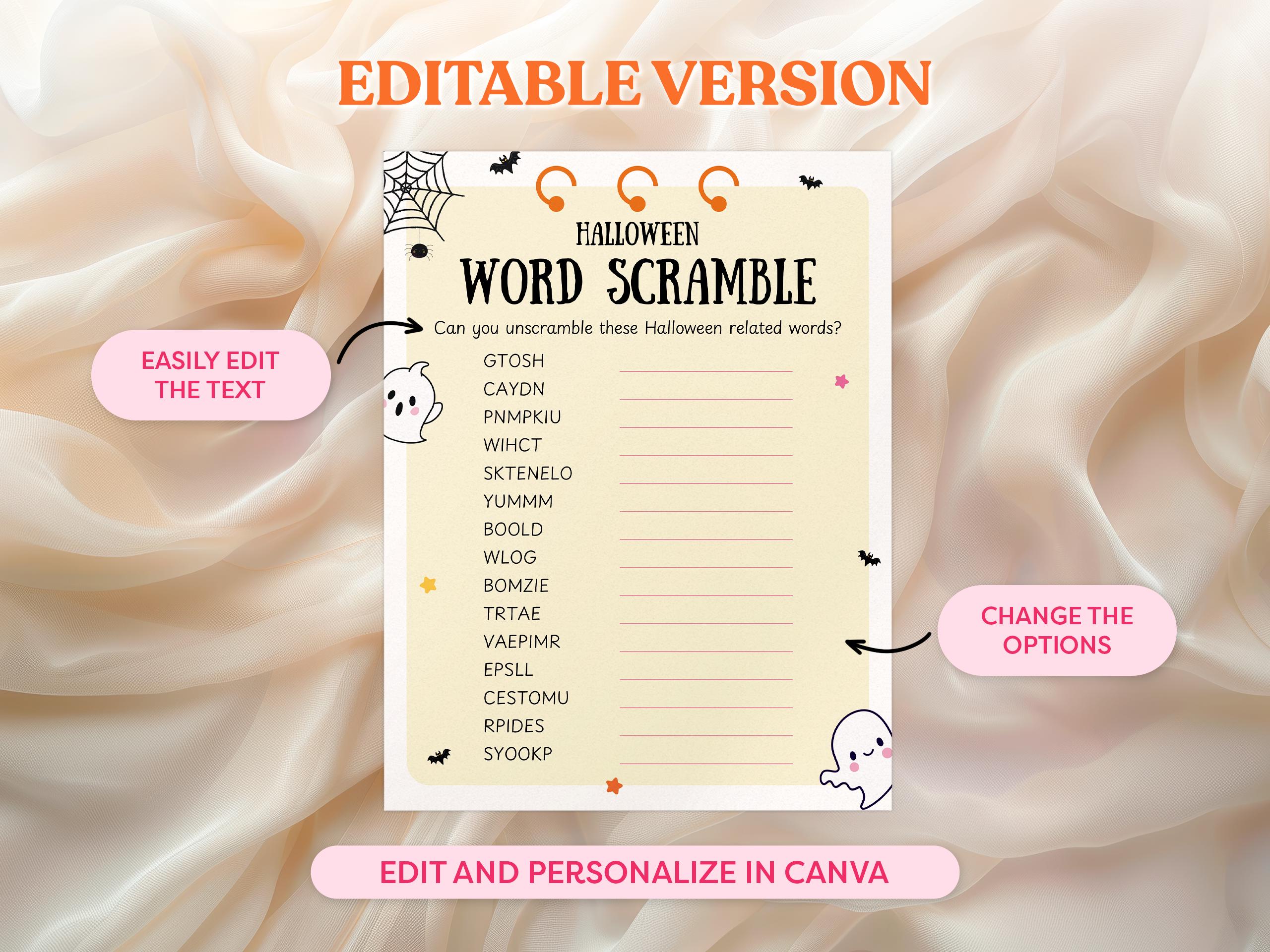 Word Scramble Halloween Game, Printable Editable Game, Fun Party ...