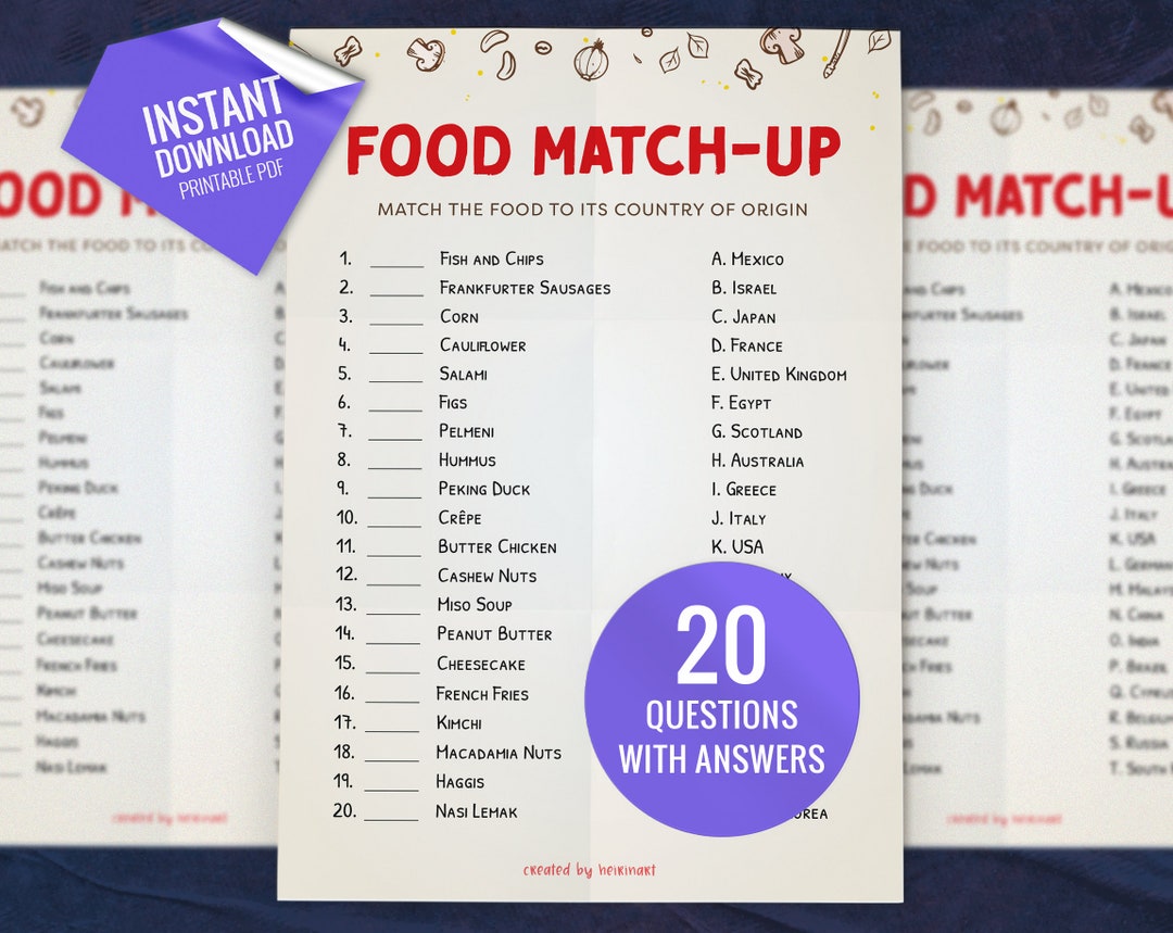 Food Match up Trivia Game, Printable Party Games, Party Game for Kids ...