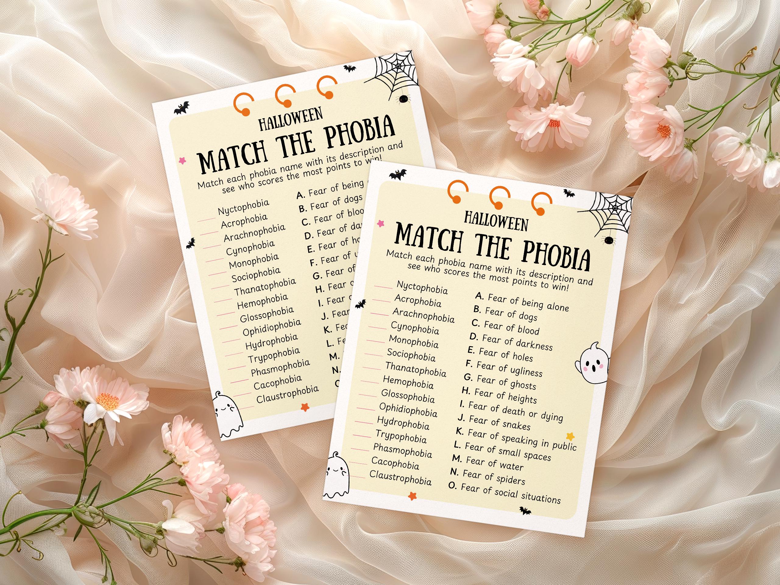 Match the Phobia Halloween Game, Printable & Editable Game, Fun Party ...