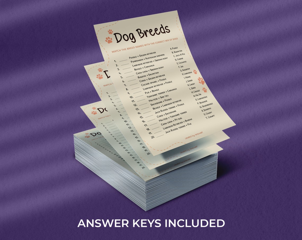 Dog Breeds Match up Trivia Game, Printable Party Games, Party Game for ...