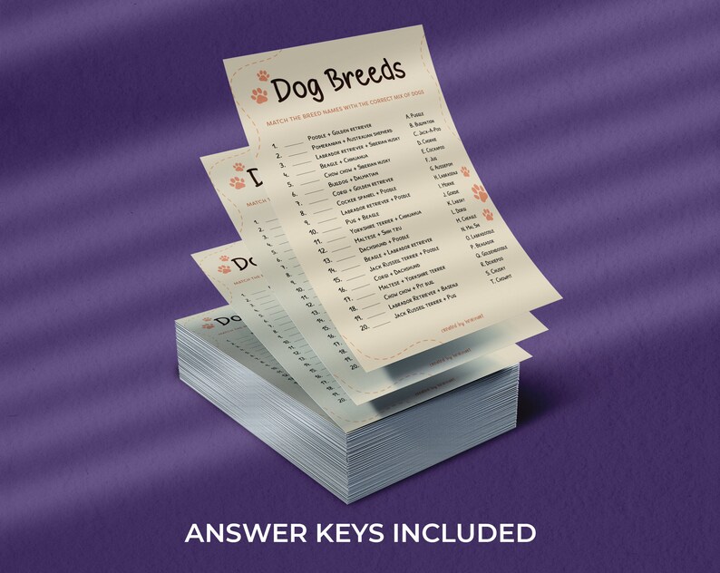 Dog Breeds Match up Trivia Game, Printable Party Games, Party Game for ...