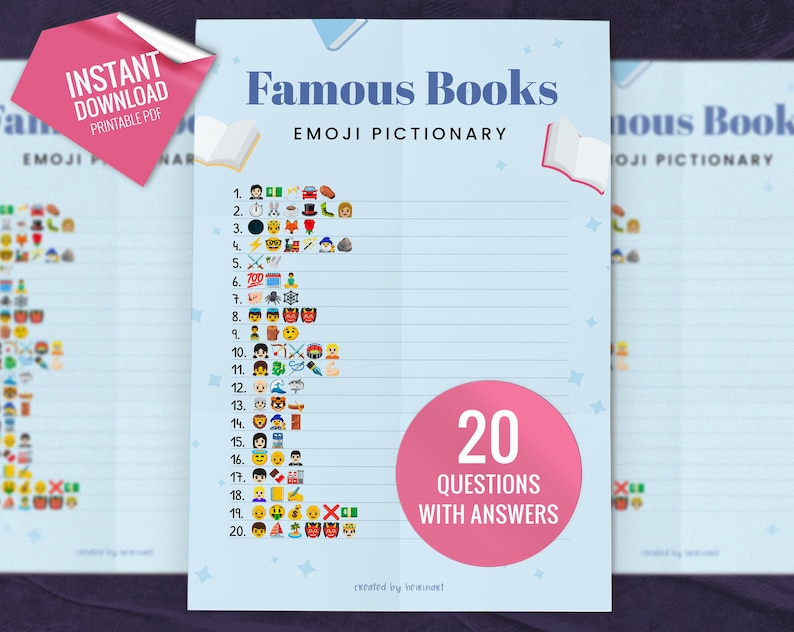 Famous Books Emoji Pictionary, Printable Party Games, Fun Family ...