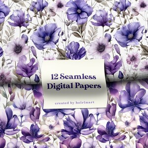 Purple Floral Digital Paper Watercolor Flowers Backgrounds Commercial ...