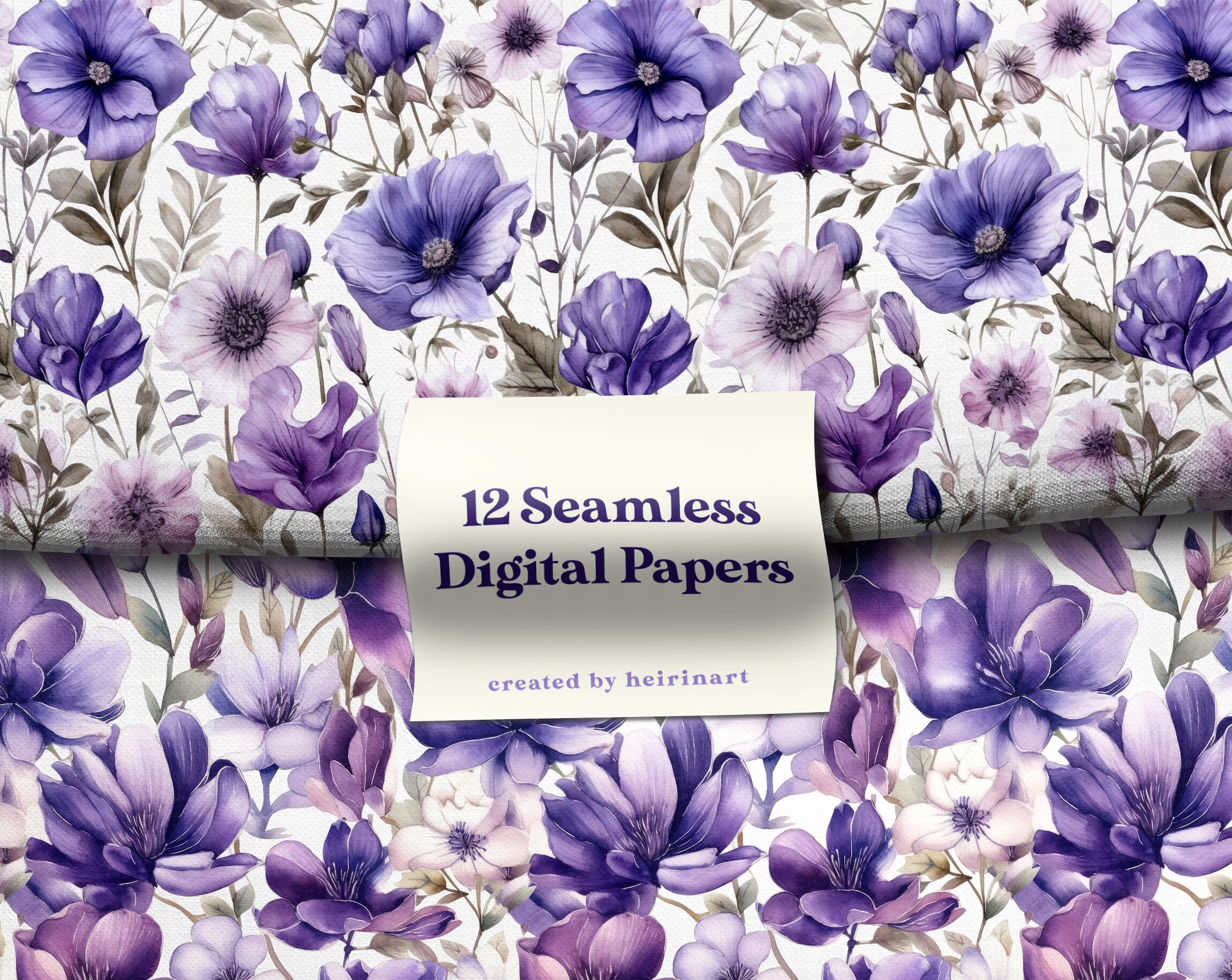 Purple Floral Digital Paper Watercolor Flowers Backgrounds Commercial ...
