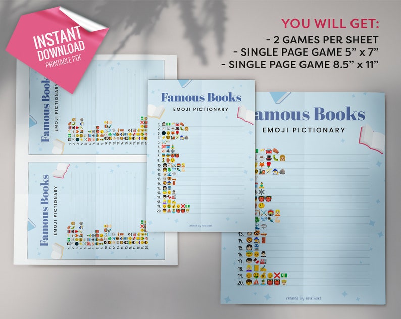 Famous Books Emoji Pictionary, Printable Party Games, Fun Family ...