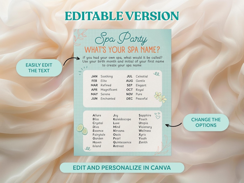 Spa Party Game, What's Your Spa Name, Printable & Editable Game, Fun ...