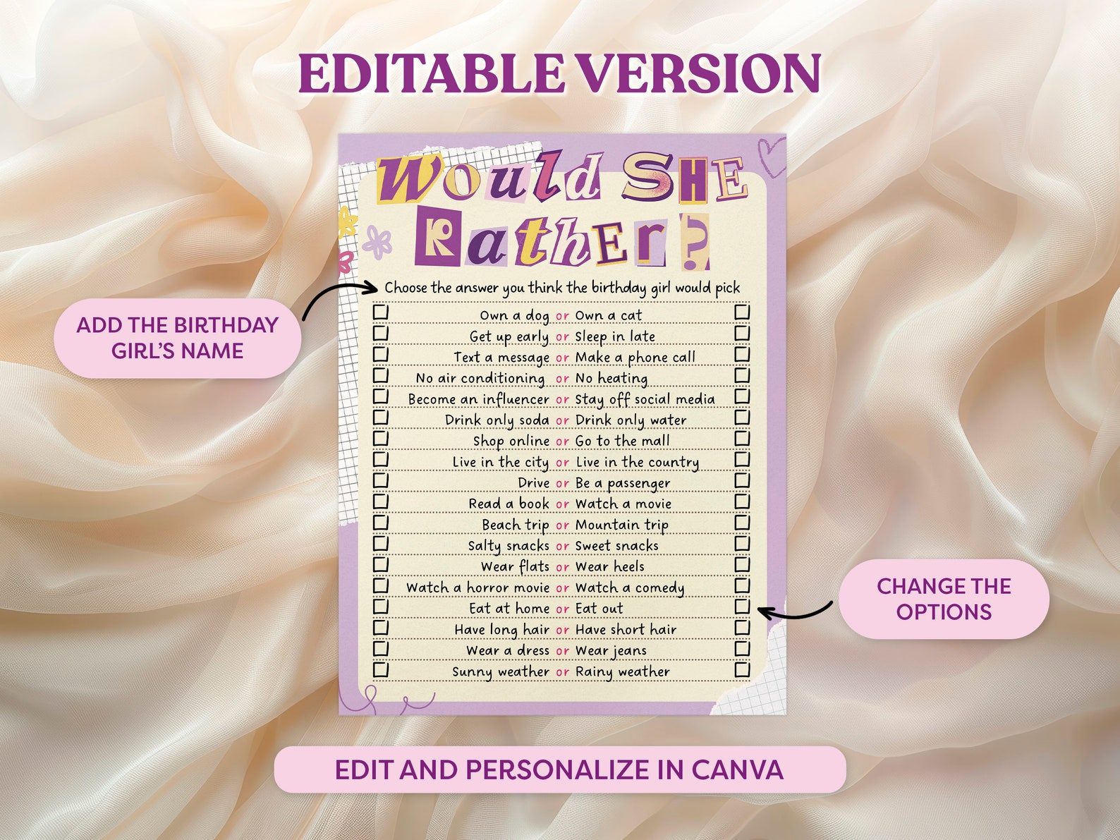 Would She Rather Birthday Girl Game, Printable Editable Birthday Game ...