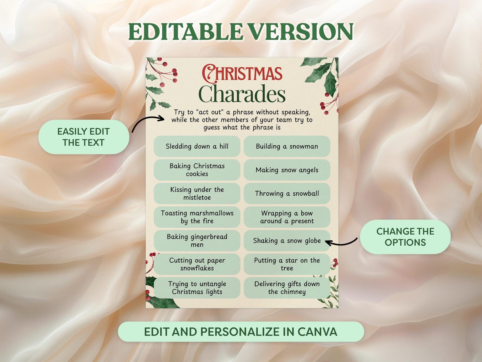 Charades Christmas Party Game, Printable & Editable Game, Fun Family ...