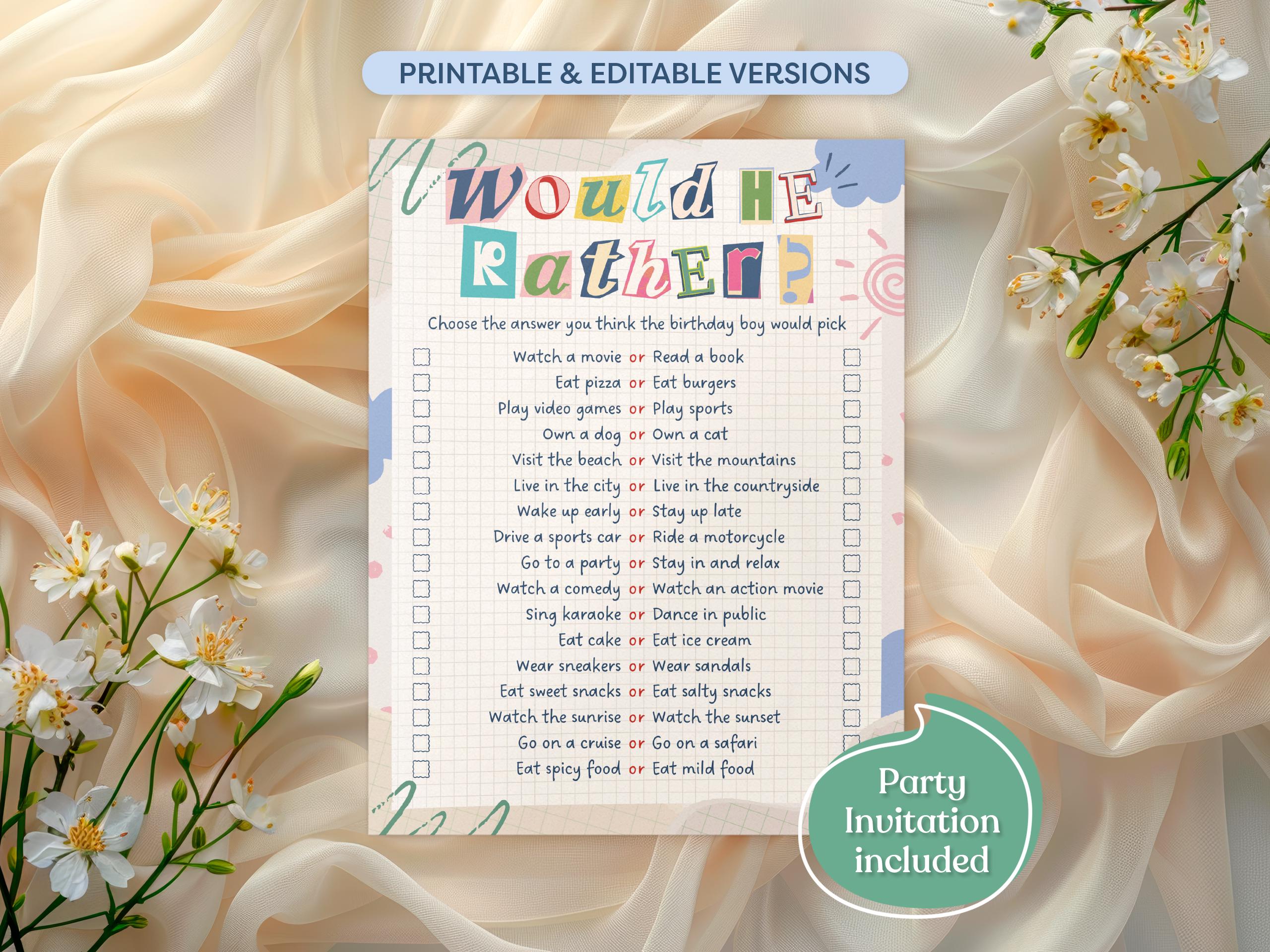 Would He Rather Birthday Boy Game, Printable & Editable Birthday Game ...
