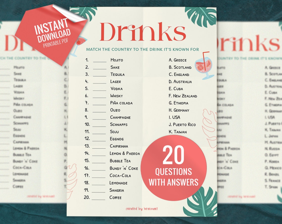 Drinks Match up Trivia Game, Printable Party Games, Party Game for Kids ...