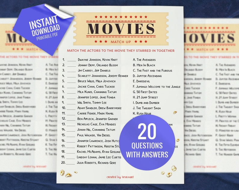 Movies Match up Trivia Game, Printable Party Games, Party Game for Kids ...