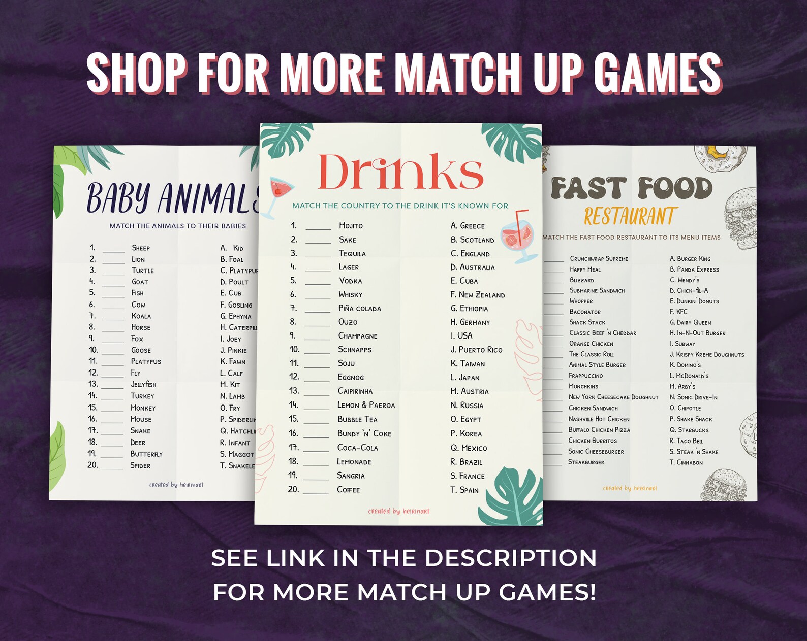 Food Match up Trivia Game, Printable Party Games, Party Game for Kids ...