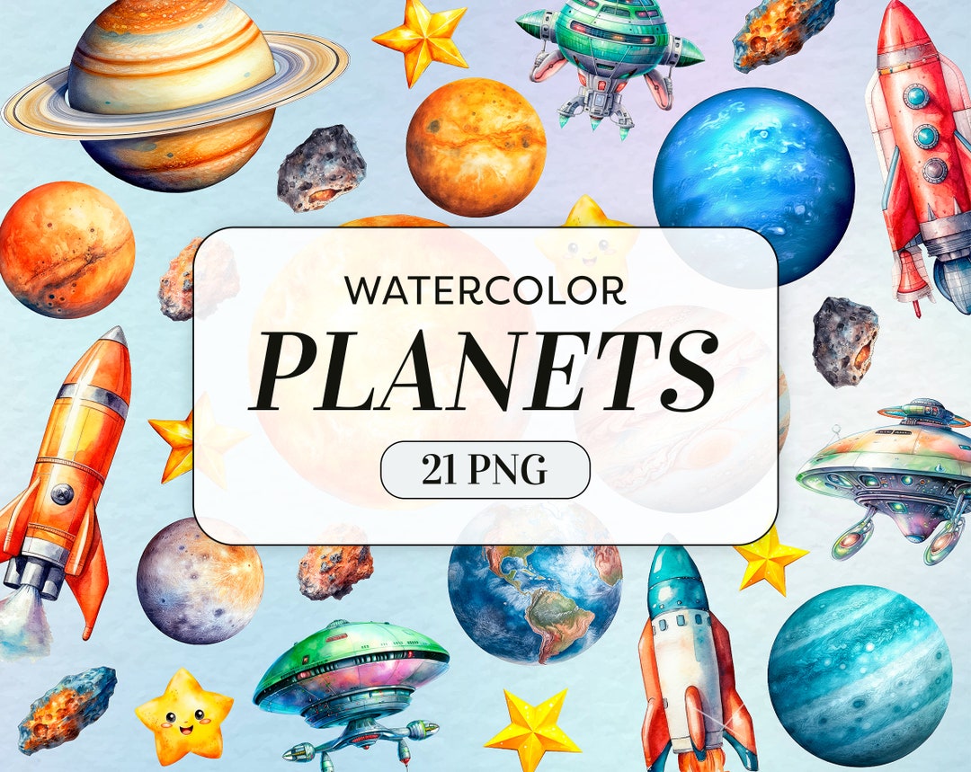 Watercolor Planets Clipart - Solar System PNG - Commercial Use - Rocket ...