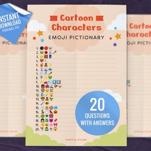 Cartoon Characters Emoji Pictionary, Printable Party Games, Birthday ...