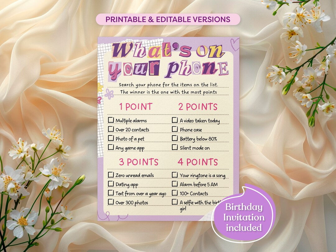 What's on Your Phone Birthday Game for Her, Printable Editable Party ...