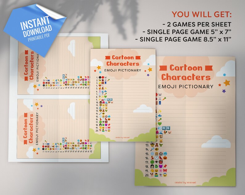 Cartoon Characters Emoji Pictionary, Printable Party Games, Birthday ...