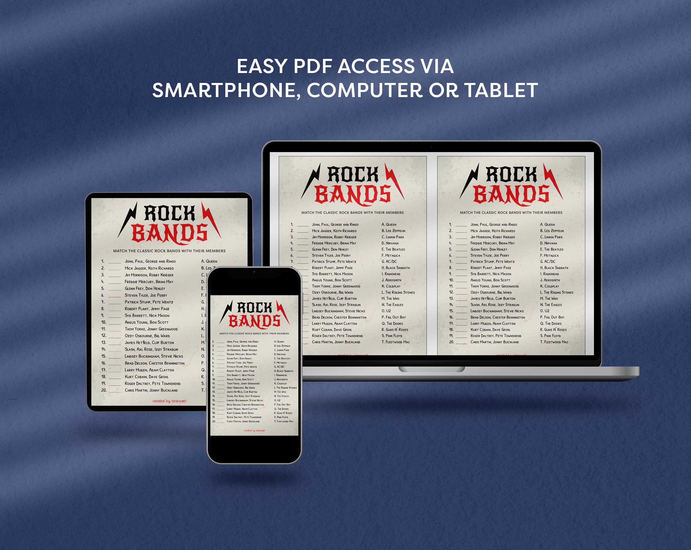 Rock Bands Match up Trivia Game, Printable Party Games, Party Game for ...