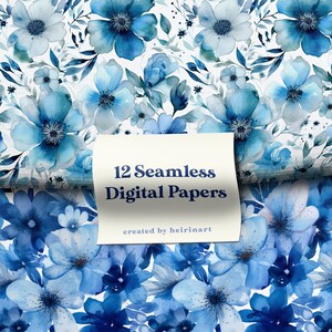 Blue Floral Digital Paper Watercolor Flowers Backgrounds Commercial Use ...