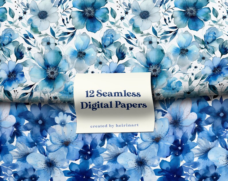 Blue Floral Digital Paper Watercolor Flowers Backgrounds Commercial Use ...