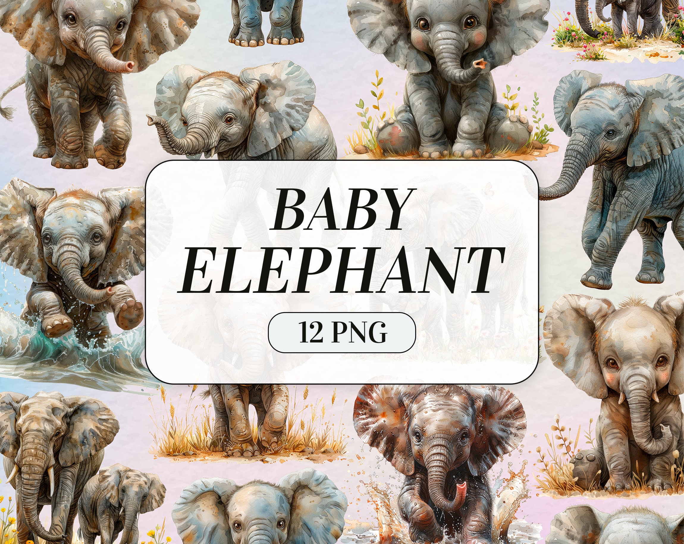 Watercolor Baby Elephant Clipart Cute Elephant PNG Commercial Use ...