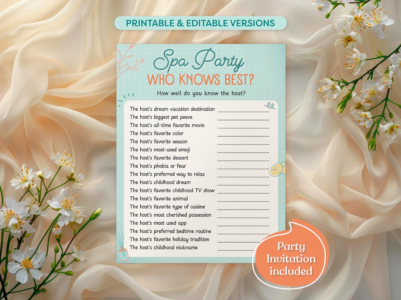 Who Knows Best Spa Party Game, Printable & Editable Game, Fun Teens ...