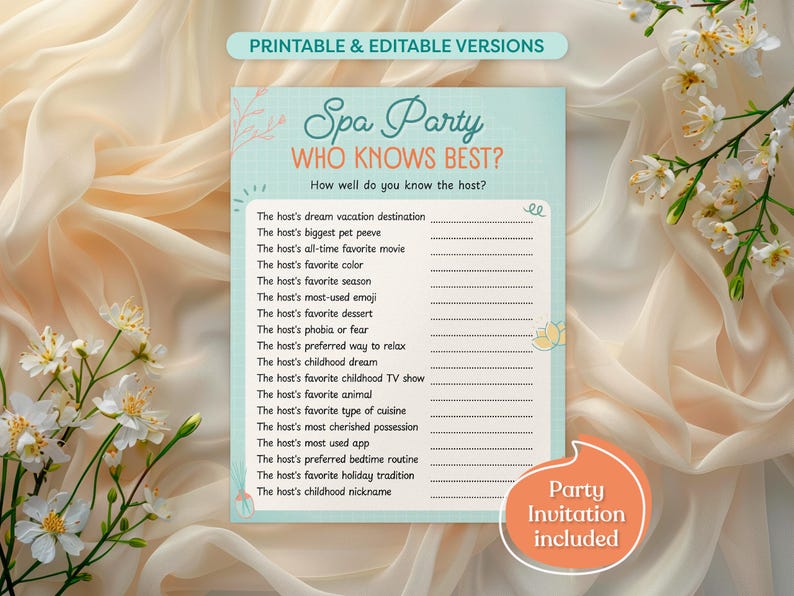 Who Knows Best Spa Party Game, Printable & Editable Game, Fun Teens ...