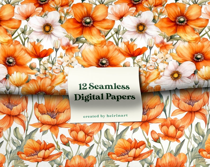 Orange Floral Digital Paper Watercolor Flowers Backgrounds Commercial ...