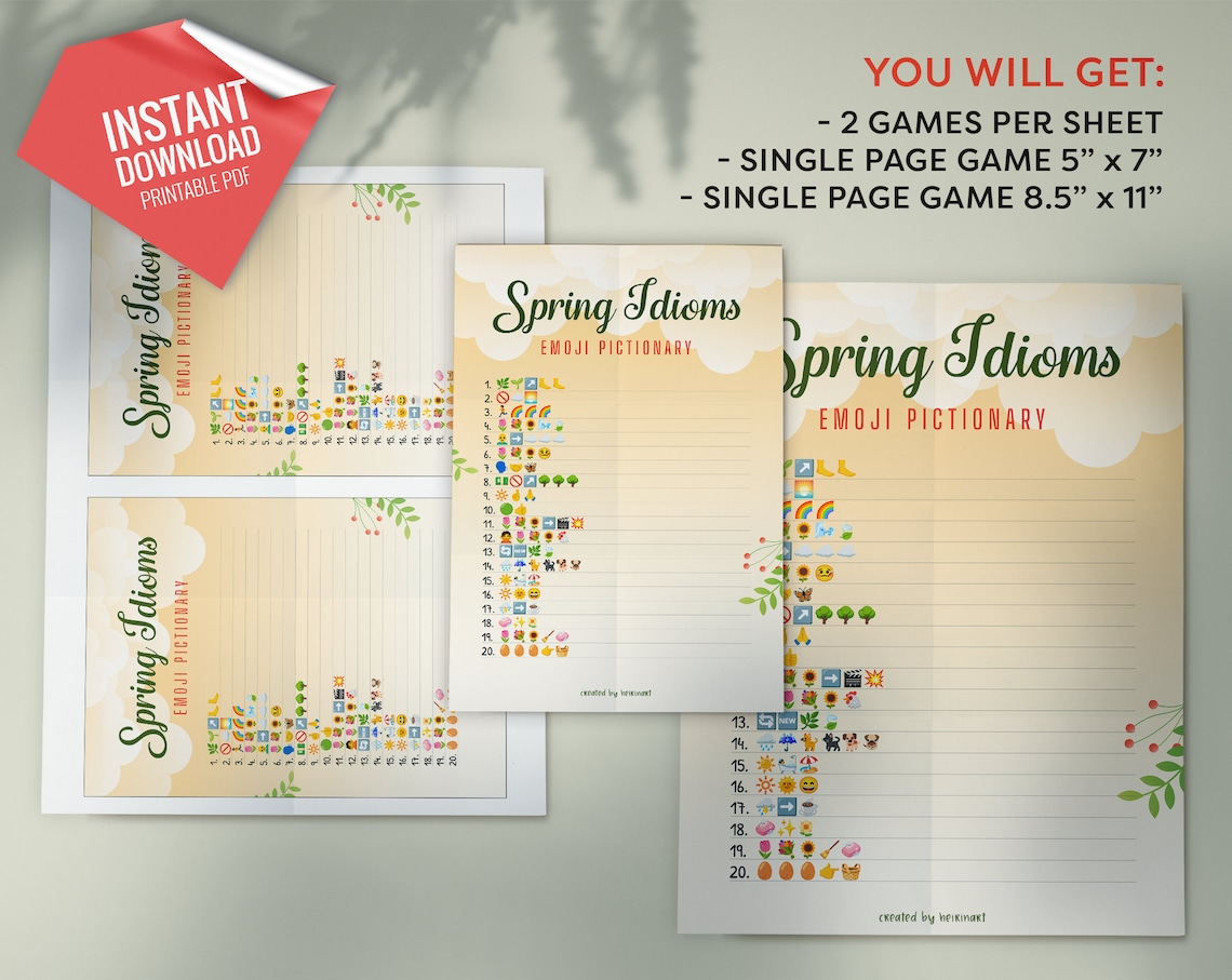 Spring Idioms Emoji Pictionary, Printable Party Games, Party Game for ...