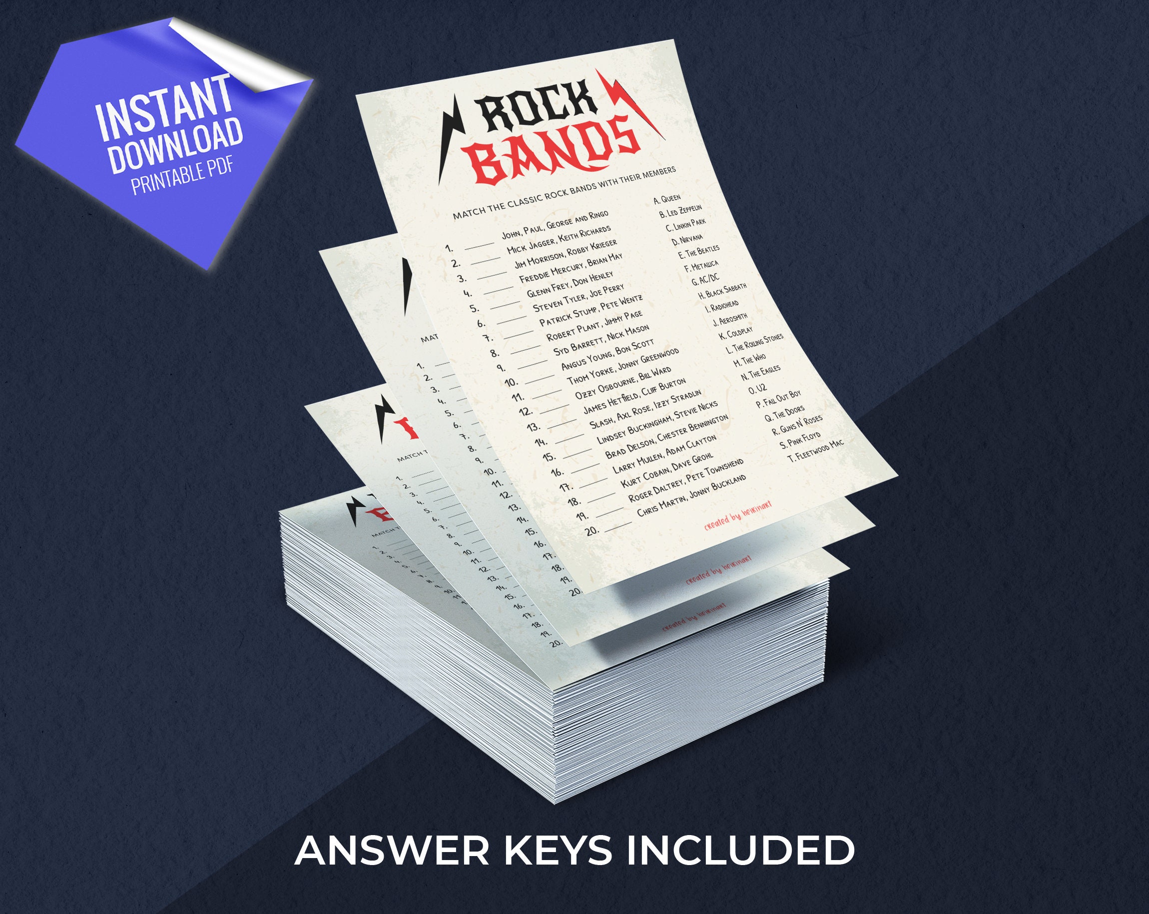 Rock Bands Match up Trivia Game, Printable Party Games, Party Game for ...