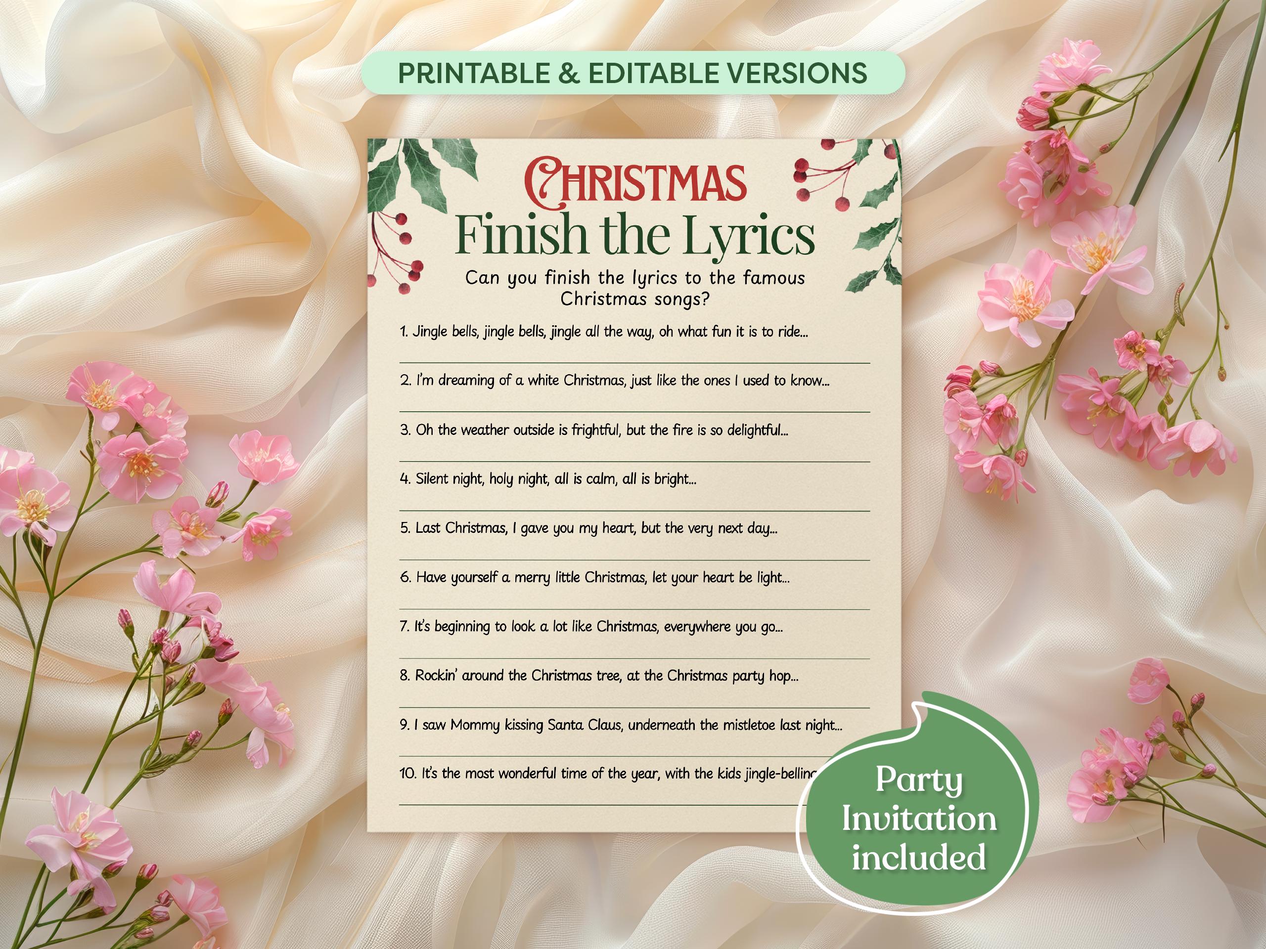 Finish the Lyrics Christmas Game, Printable Editable Game, Fun Family ...
