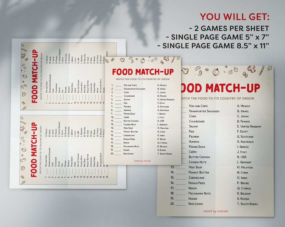 Food Match up Trivia Game, Printable Party Games, Party Game for Kids ...
