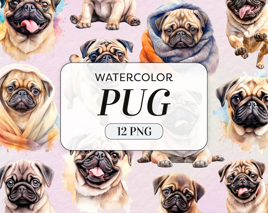 Watercolor Pug Clipart - Pet Dog Portrait - Commercial Use - Cute Dog ...