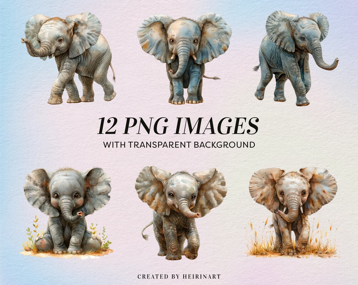 Watercolor Baby Elephant Clipart Cute Elephant PNG Commercial Use ...