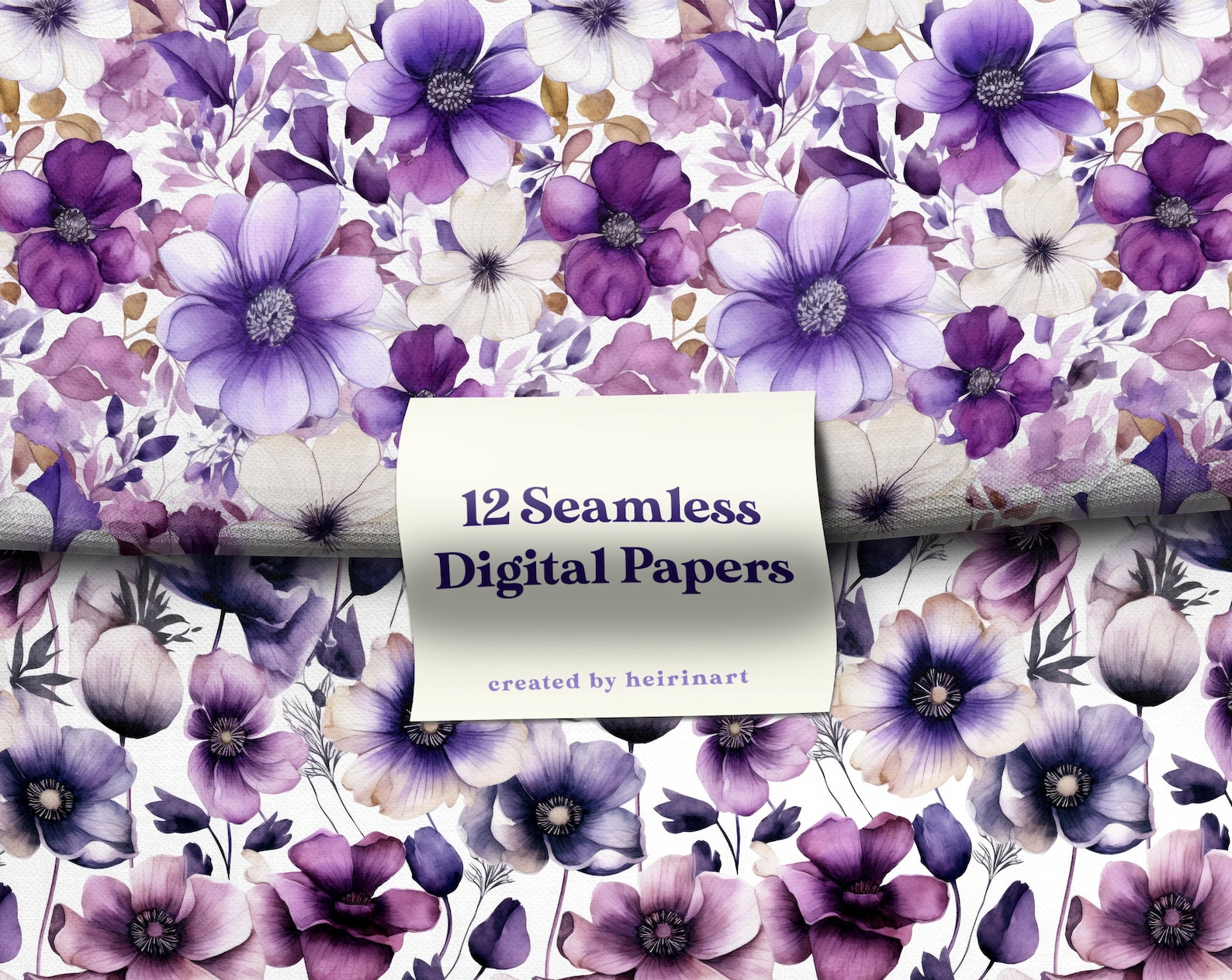 Purple Floral Digital Paper Watercolor Flowers Backgrounds Commercial ...