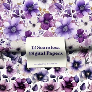 Purple Floral Digital Paper Watercolor Flowers Backgrounds Commercial ...