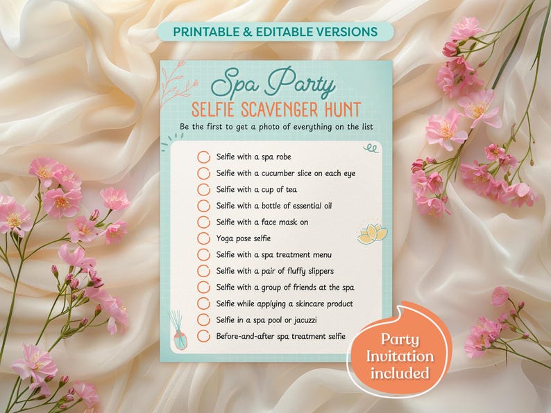Selfie Scavenger Hunt Spa Party Game, Printable & Editable Game, Fun ...