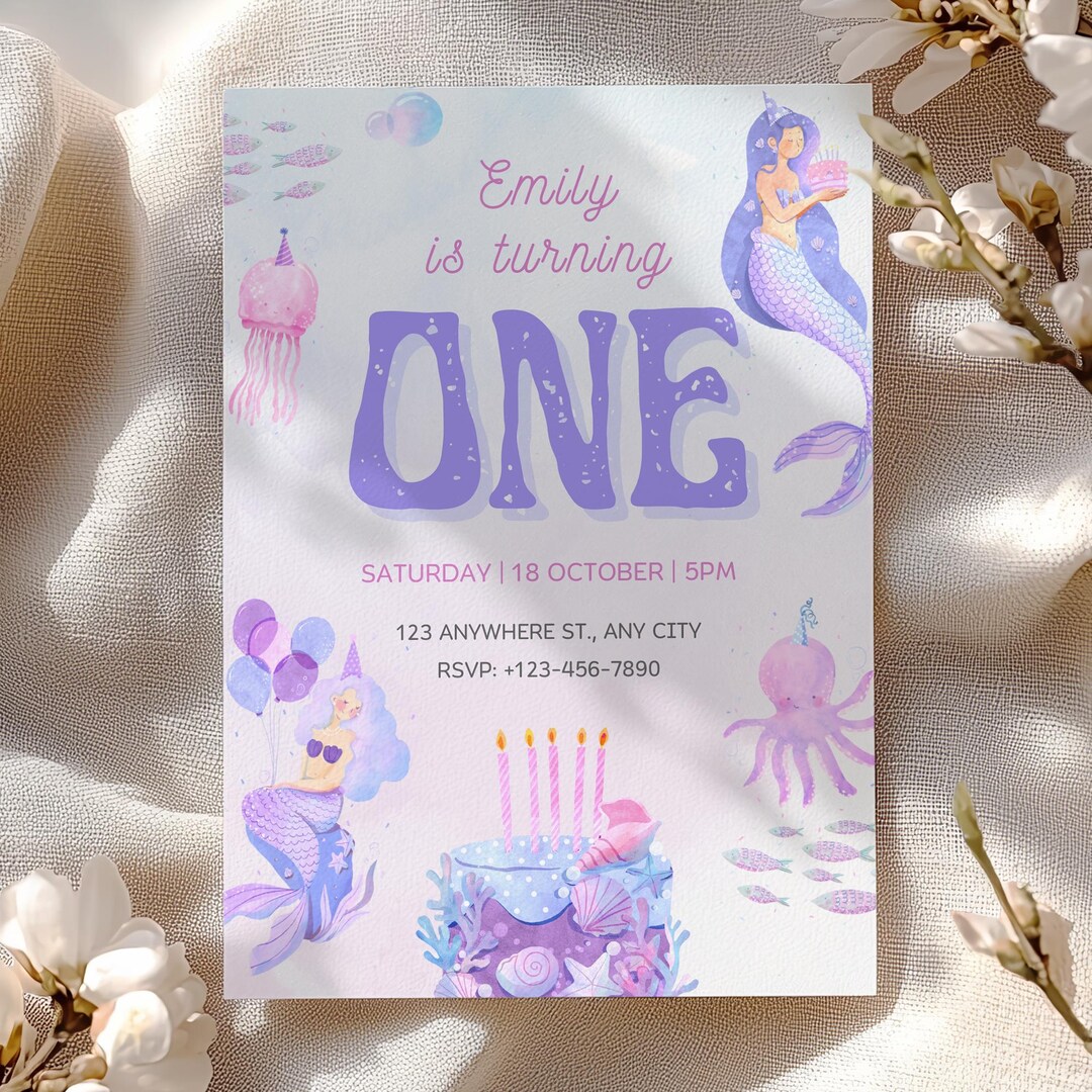 Mermaid Birthday Invitation, Editable 1st Birthday Invite, Under the ...