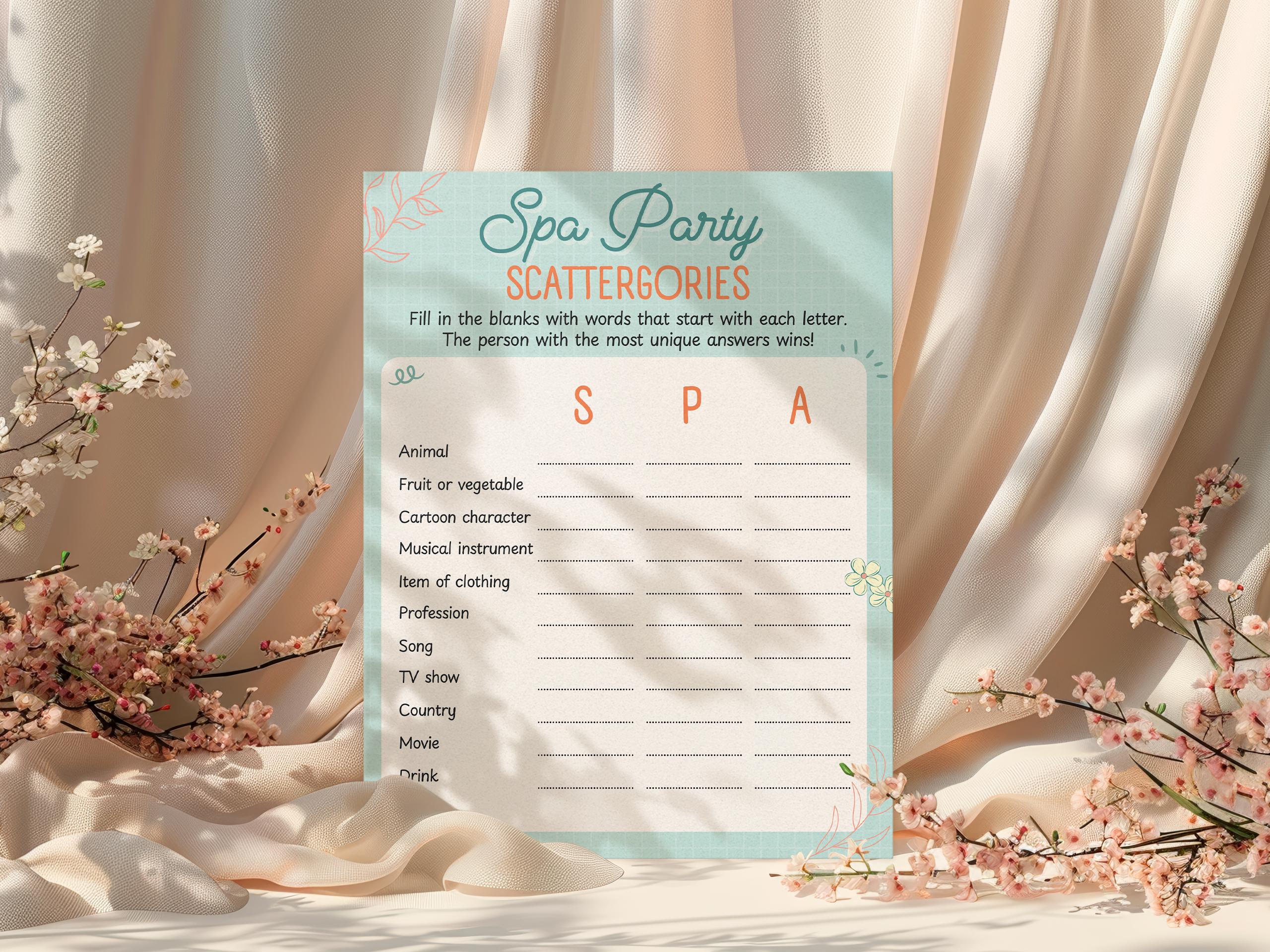 Scattergories Spa Party Game, Printable & Editable Game, Fun Teens ...