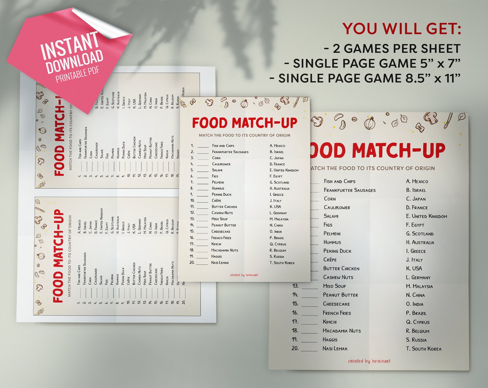 Food Match up Trivia Game, Printable Party Games, Party Game for Kids ...